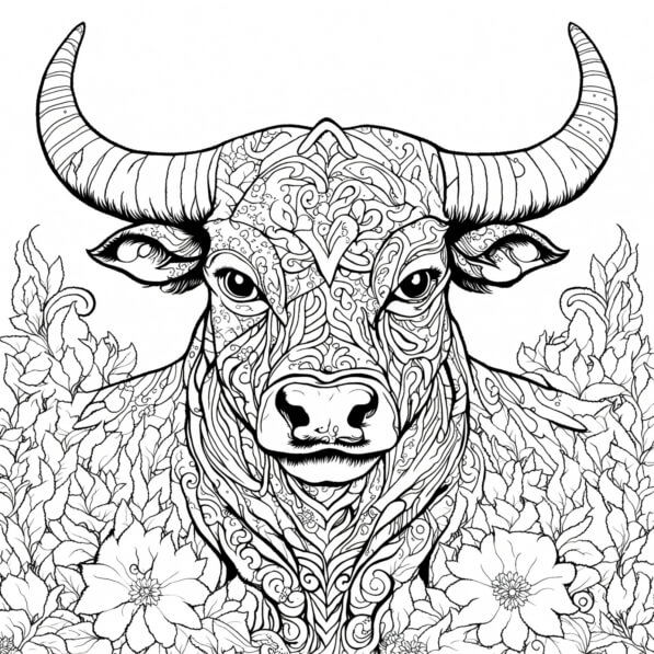 Download Adult Coloring Page with Bull's Head and Flowers Coloring ...
