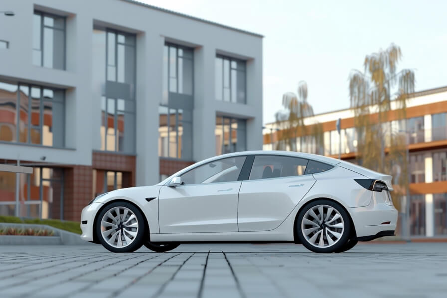 Download White Tesla Model Car Parked in Front of Apartment Building ...