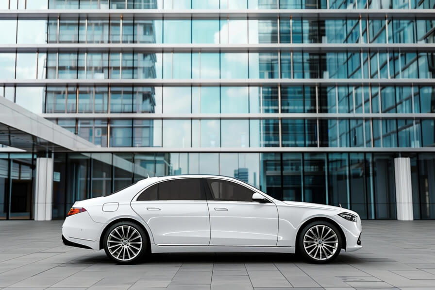 Descarga Sedán blanco Mercedes-Benz Clase S en edificio de vidrio ...