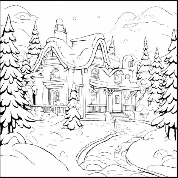 Descarga Página para Colorear de Invierno: Casa Antigua en Invierno ...