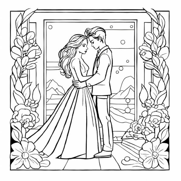 Download Wedding Coloring Pages for Adults - Bride and Groom Kissing ...