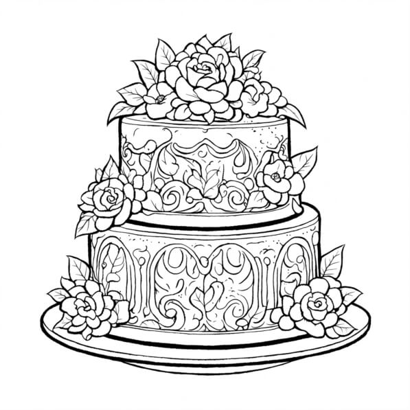 Download Coloring Page: Three-Tiered Cake with Flowers Coloring pages ...