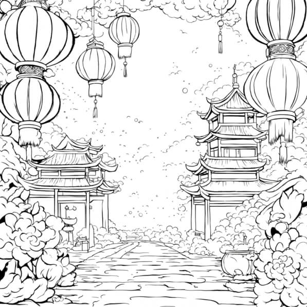 Download Asian-Themed Coloring Page with Lanterns Coloring pages Online ...