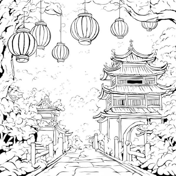 Download Asian-Themed Coloring Page with Lanterns Coloring pages Online ...