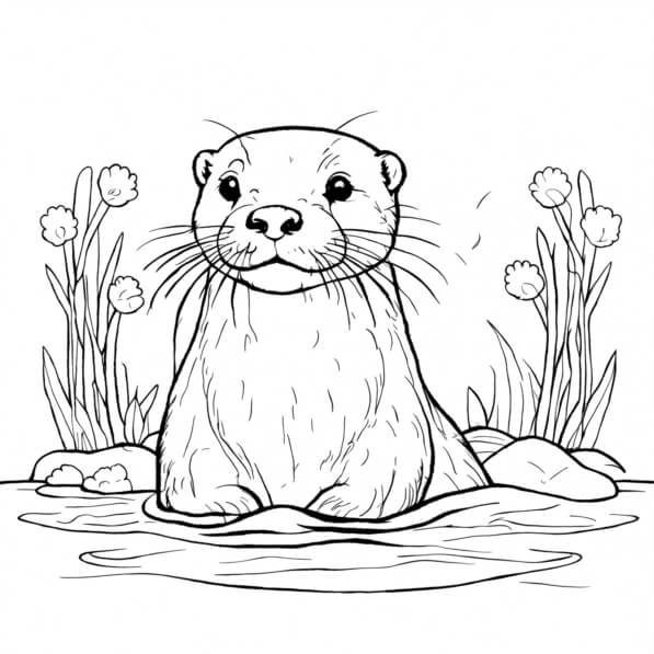 Download Cute Otter Coloring Page with Flowers and Grasses Coloring ...