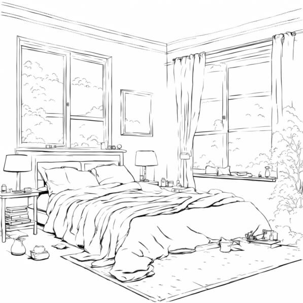Download Messy Bedroom Scene Coloring pages Online - Creative Fabrica