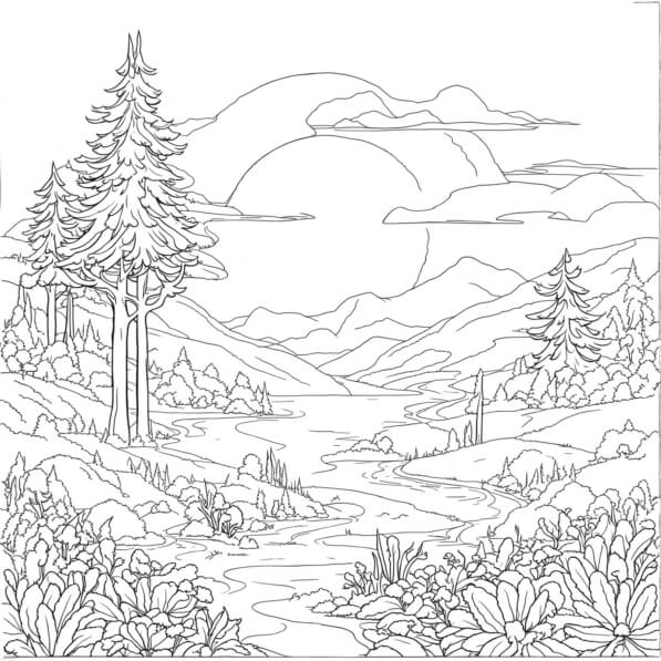 Download Tranquil Forest Landscape Coloring pages Online - Creative Fabrica