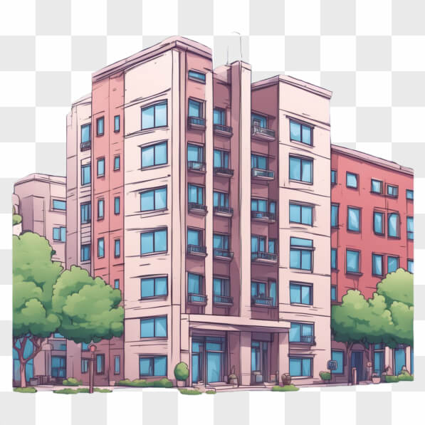 Download Cartoon Apartment Building with Trees and Tall Buildings ...