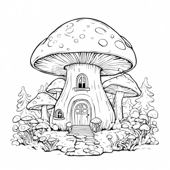 Descarga Página para colorear de Casa de Hongos en el Bosque Páginas ...