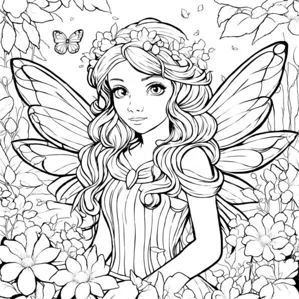 Download Fairy Coloring Page with Flowers and Butterflies Coloring ...