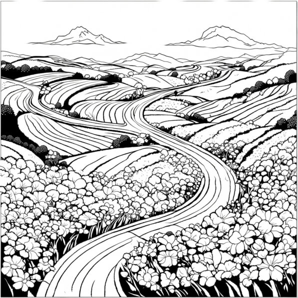Download Black and White Drawing of a Winding Road in the Countryside ...