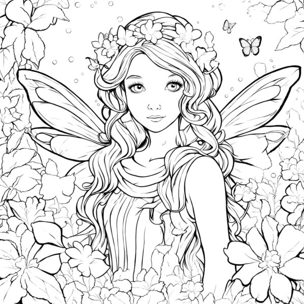 Download Fairy Girl in Garden with Flowers and Butterflies Coloring ...