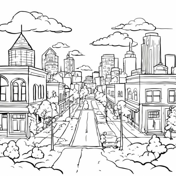 Download City Street Coloring Page with Buildings and Cars Coloring ...