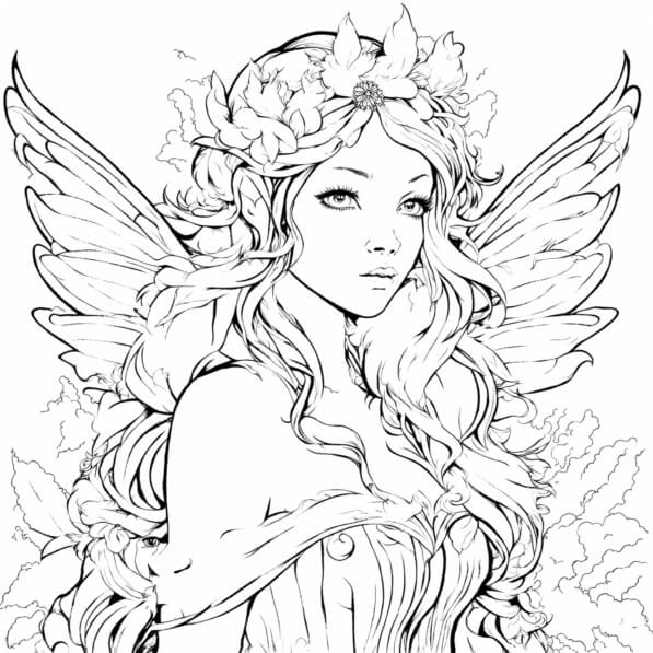 Download Fantasy Fairy Coloring Page for Adults with Girl and Leaves ...