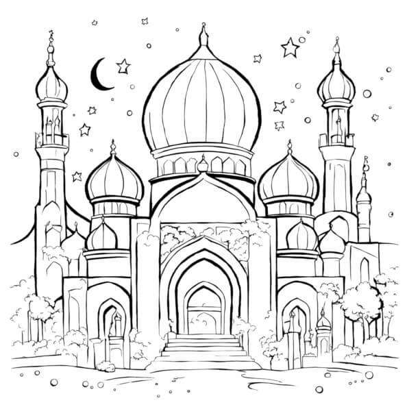 Download Free Printable Mosque Coloring Page with Stars and Moon ...