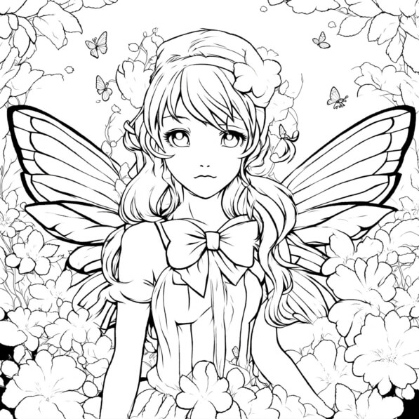 Download Coloring Page: Anime Girl with Flowers and Butterflies ...