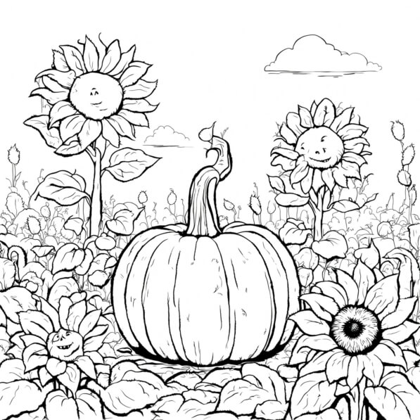 Download Pumpkin in a Field with Sunflowers and Flowers Coloring Pages ...