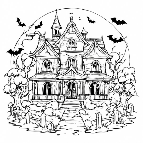Download Spooky Haunted House with Bats Coloring pages Online ...