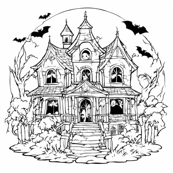 Download Spooky Haunted House with Bats Coloring pages Online ...