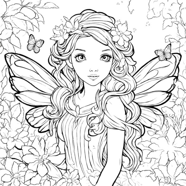 Download Fairy Coloring Page with Flowers and Butterflies Coloring ...