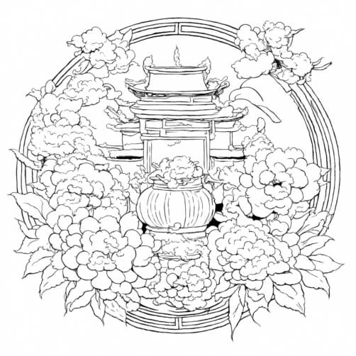 Download Asian Style Coloring Page with Flowers and Pagoda Coloring ...