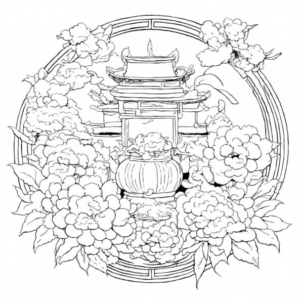 Download Asian-Themed Coloring Page with Flowers and Pagoda Coloring ...