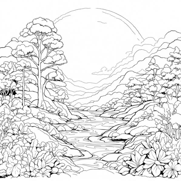 Download Serene Forest Landscape Coloring pages Online - Creative Fabrica