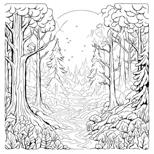 Download Nature Coloring Page with Trees and Waterfalls Coloring pages ...