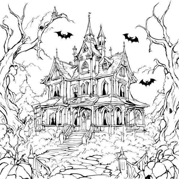 Download Haunted House Coloring Page for Halloween with Bats and ...