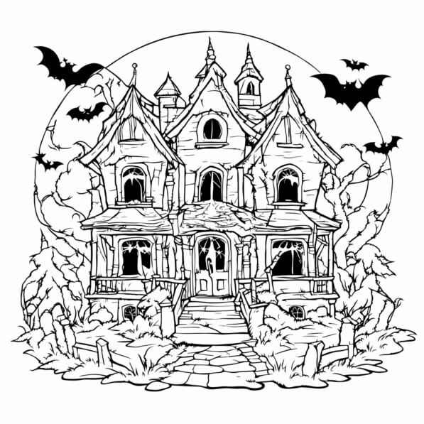 Download Haunted House Coloring Page with Bats and Pumpkins Coloring ...