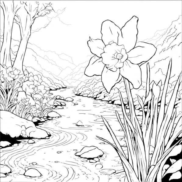 Download Nature Coloring Page: River, Flowers, and Trees Coloring pages ...