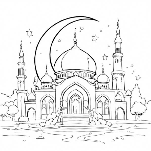 Download Mosque with Moon and Stars Coloring pages Online - Creative ...