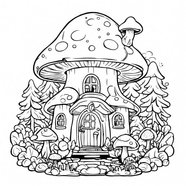 Download Mushroom House in the Forest Coloring Page Coloring pages ...