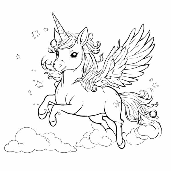 Download Majestic Unicorn Flying in the Clouds Coloring pages Online ...