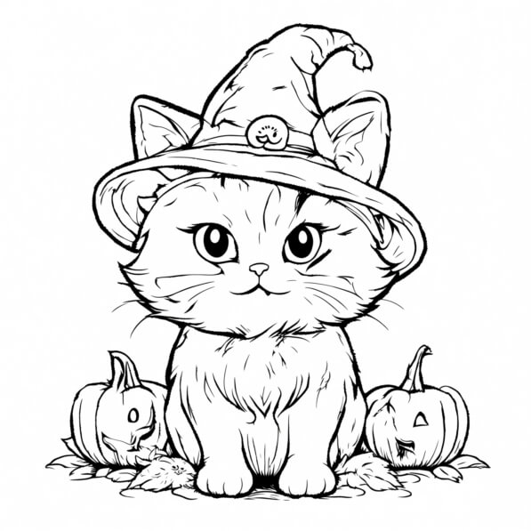 Download Cat in Witch Hat on Pumpkins - Halloween Coloring Page ...