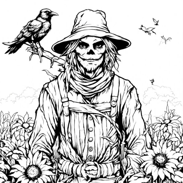 Download Scarecrow Coloring Page with Skeleton and Bird Coloring pages ...