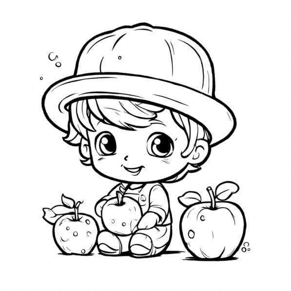 Download Boy with Apple Coloring pages Online - Creative Fabrica