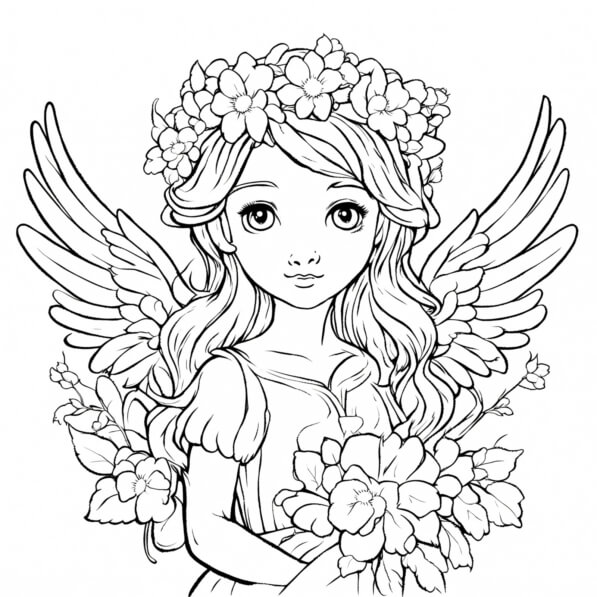 Download Angel Coloring Page with Flowers and New York City Skyline ...