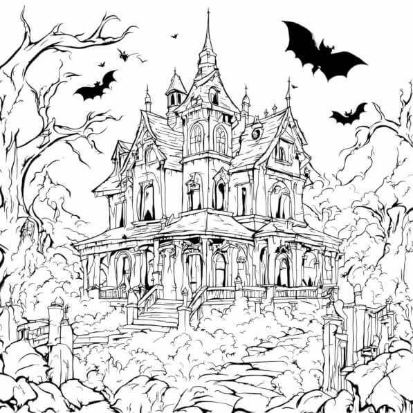 Download Halloween Coloring Page: Old House, Bats, Pumpkins, Spider ...