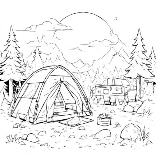 Download Camping Tent and Trailer in Forest Coloring Page Coloring ...