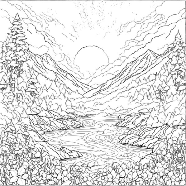 Download Adult Coloring Page: River and Mountains Coloring pages Online ...