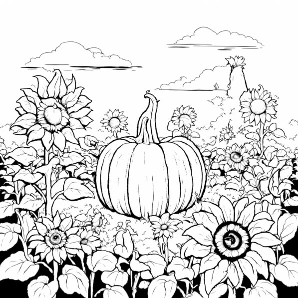 Download Black and White Pumpkin and Sunflower Coloring Page Coloring ...