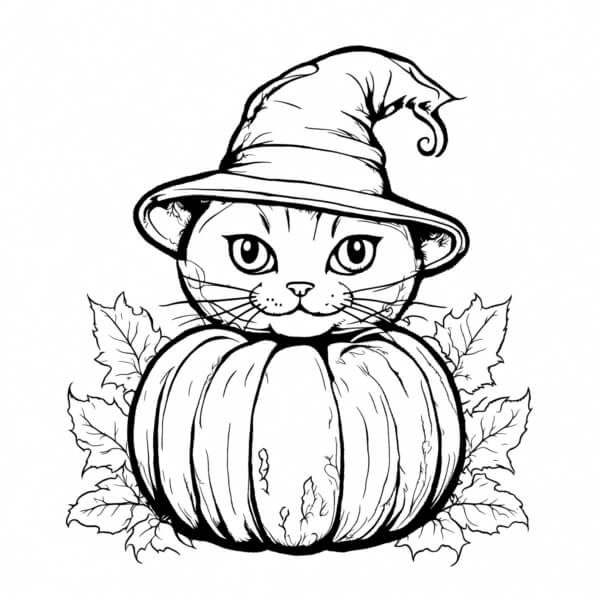 Download Cat in Witch Hat on Pumpkin Coloring pages Online - Creative ...
