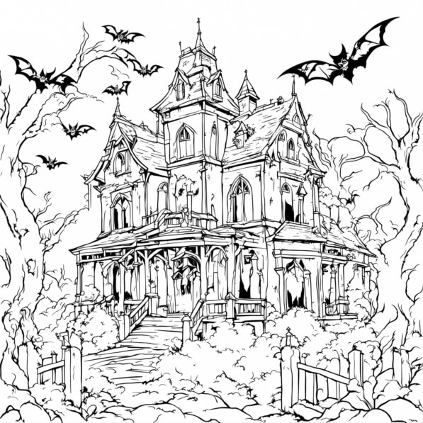Download Spooky House Coloring Page with Bats for Halloween Coloring ...