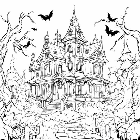 Download Spooky Haunted House Coloring Page with Bats for Halloween ...