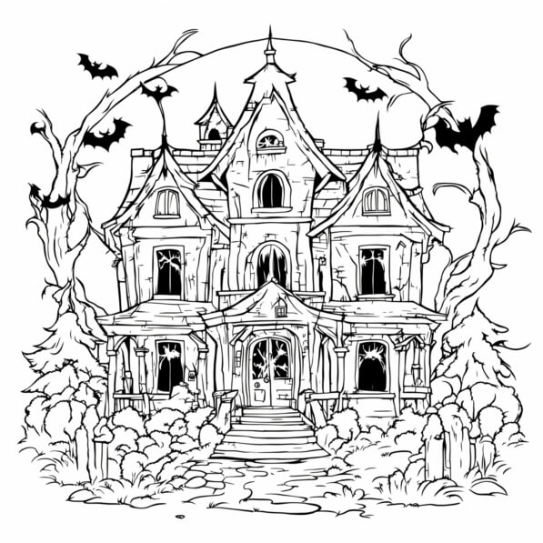 Download Haunted House Coloring Page with Bats and Halloween Elements ...