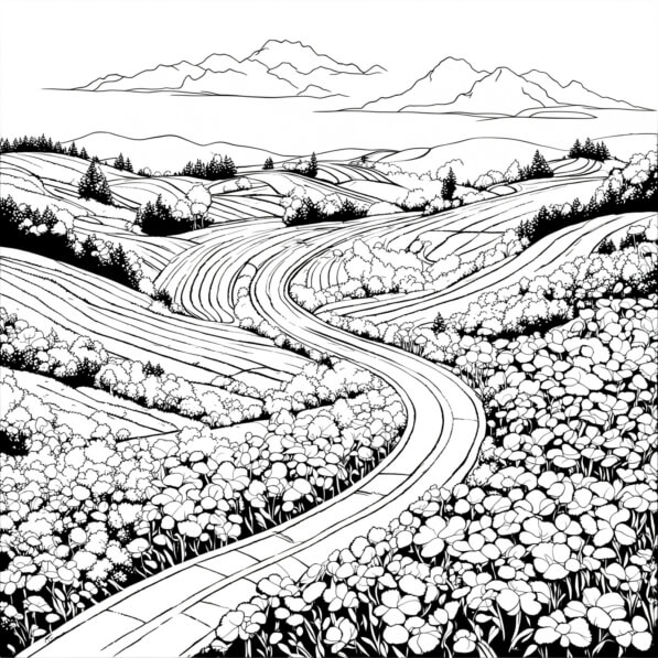 Download Black and White Drawing of Countryside Winding Road with ...