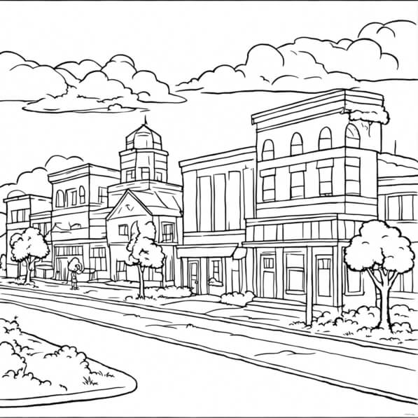 Download Educational Coloring Page: Town with Buildings and Trees ...