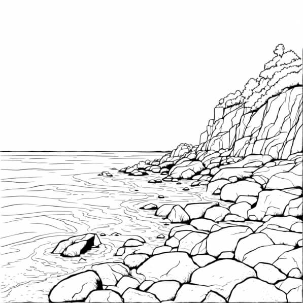 Download Black and White Drawing of a Rocky Shore with Ocean Background ...