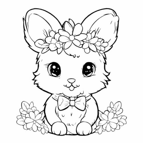 Download Cute Bunny with Flowers in Grass Coloring pages Online ...